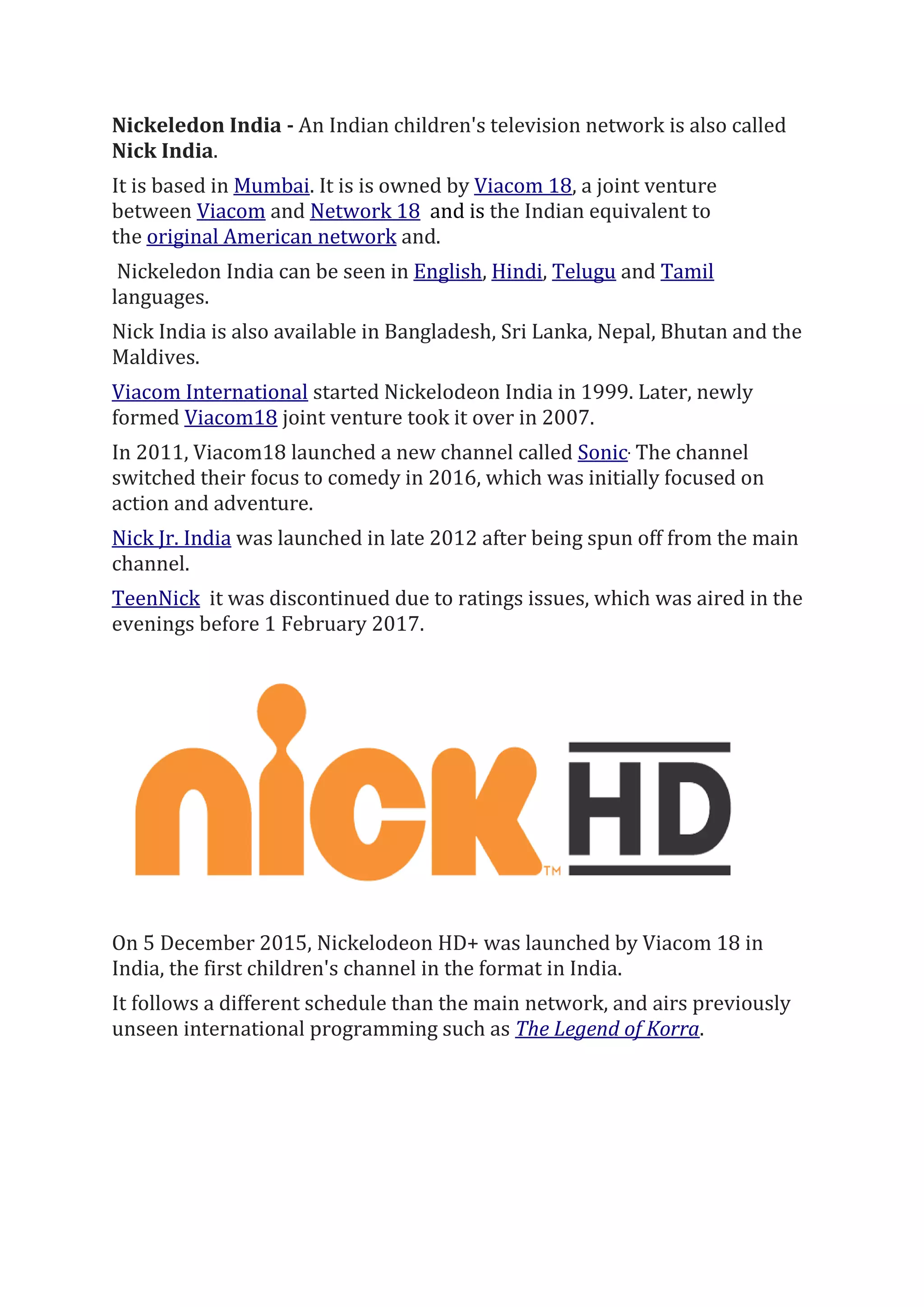 NICKELODEON INDIA CHILDREN’S ANIMATION CHANNEL | PDF