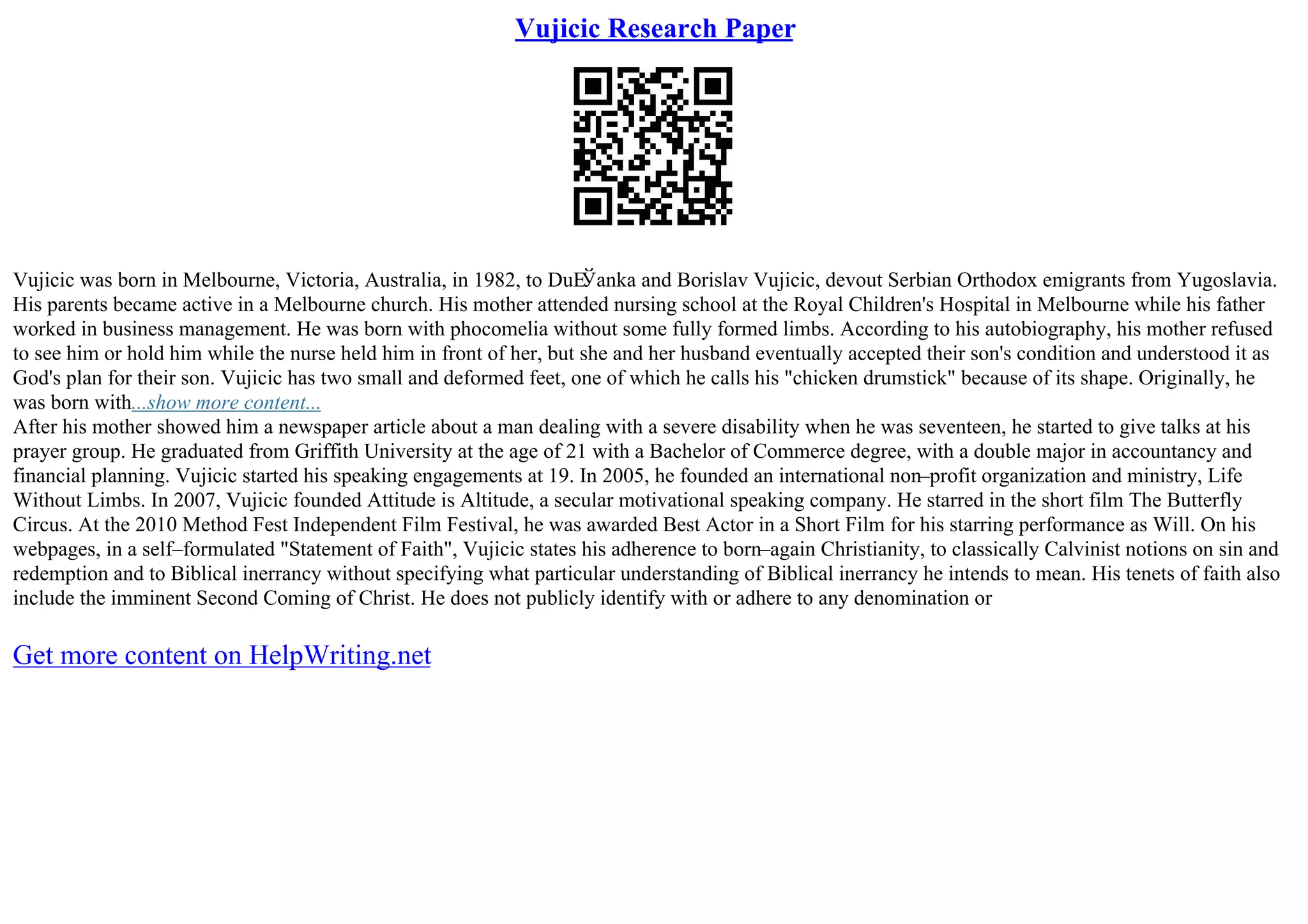 Nick Vujiciz Character Analysis | PDF