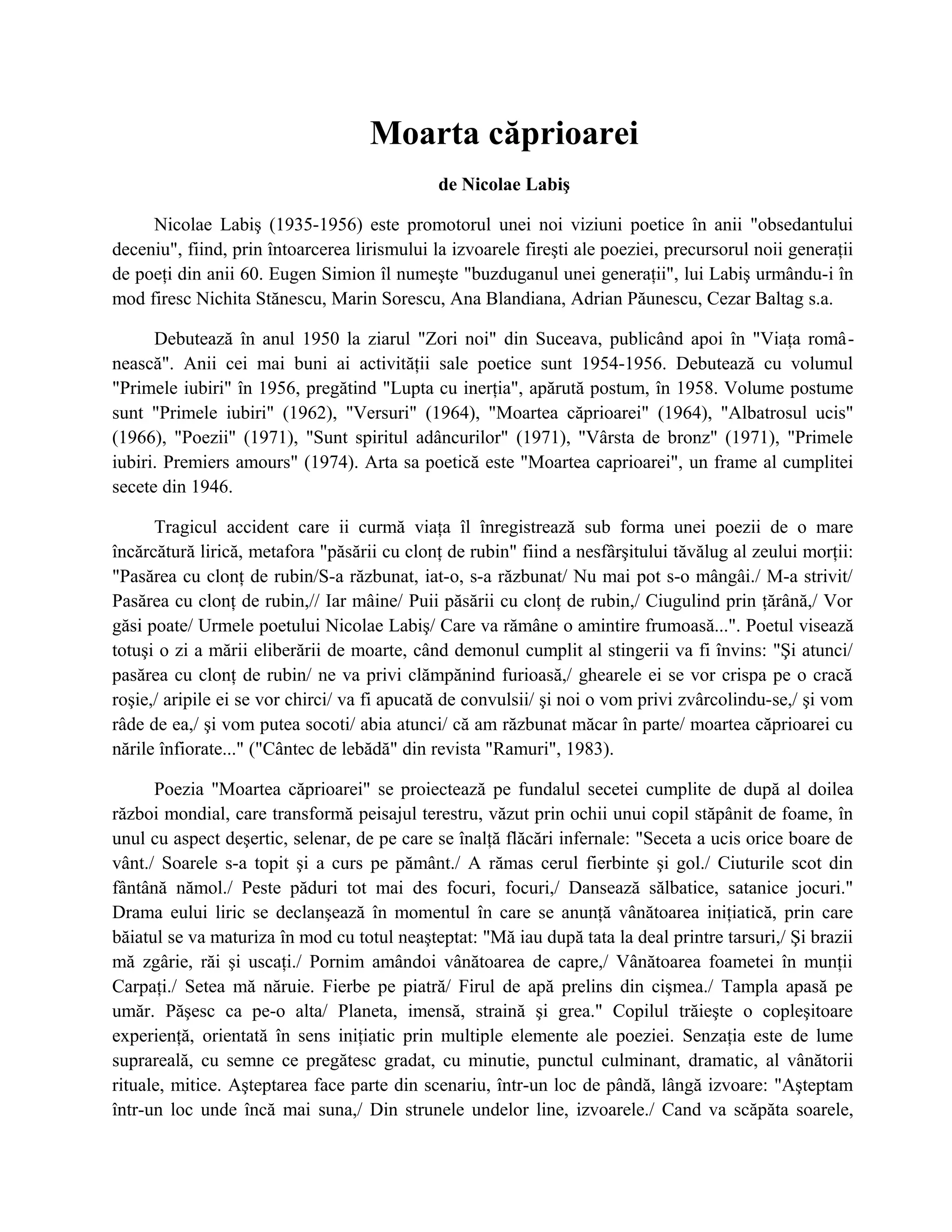 Nicolae labis moartea caprioarei | DOC