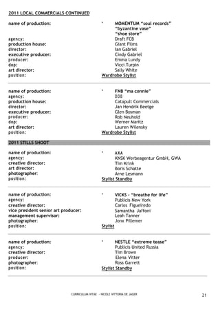 Nicole Vittoria de Jager - Photography and Film CV - 1998 to current | PDF