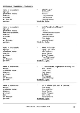 Nicole Vittoria de Jager - Photography and Film CV - 1998 to current | PDF