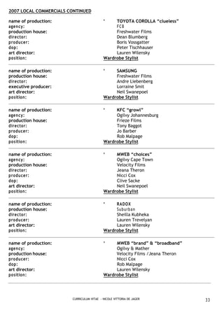 Nicole Vittoria de Jager - Photography and Film CV - 1998 to current | PDF