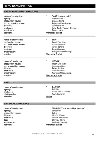 Nicole Vittoria de Jager - Photography and Film CV - 1998 to current | PDF