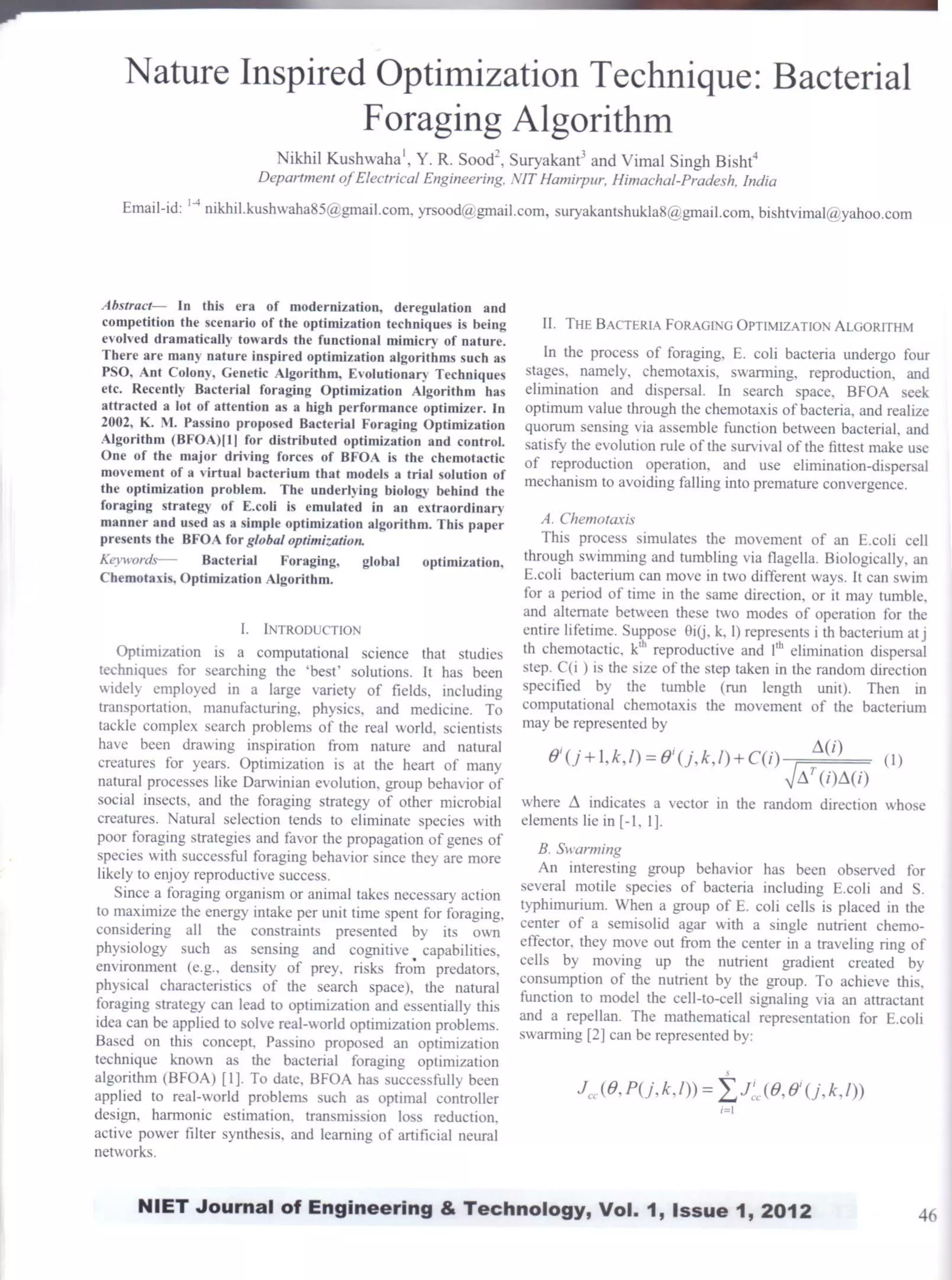 Nature Inspired Optimization Technique : Bacterial Foraging Algorithm | PDF