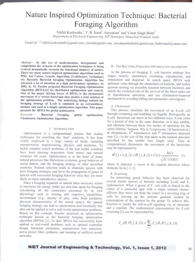 Nature Inspired Optimization Technique : Bacterial Foraging Algorithm | PDF