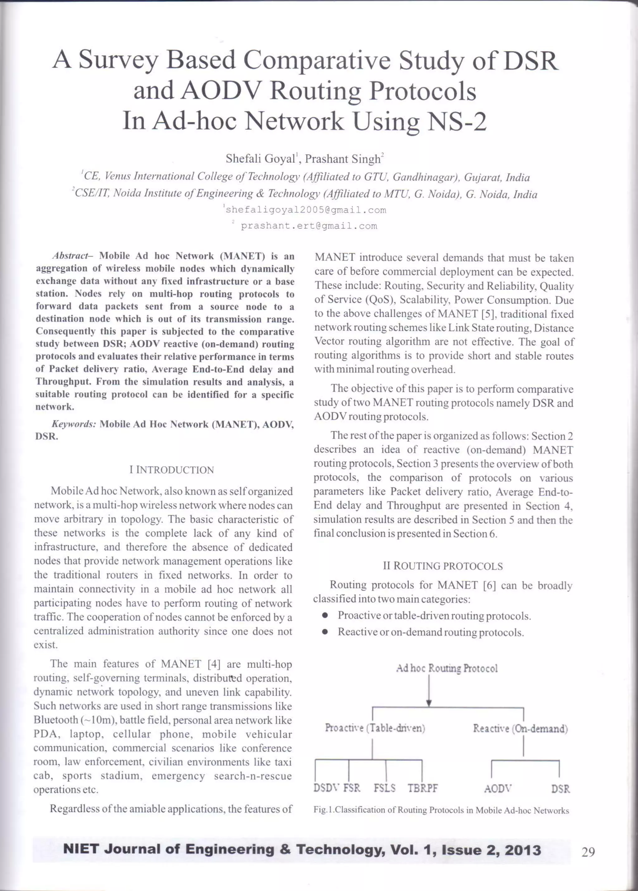 A Survey Based Comparative Study Of DSR And AODV Routing Protocols In Adhoc Network Using NS-2 | PDF