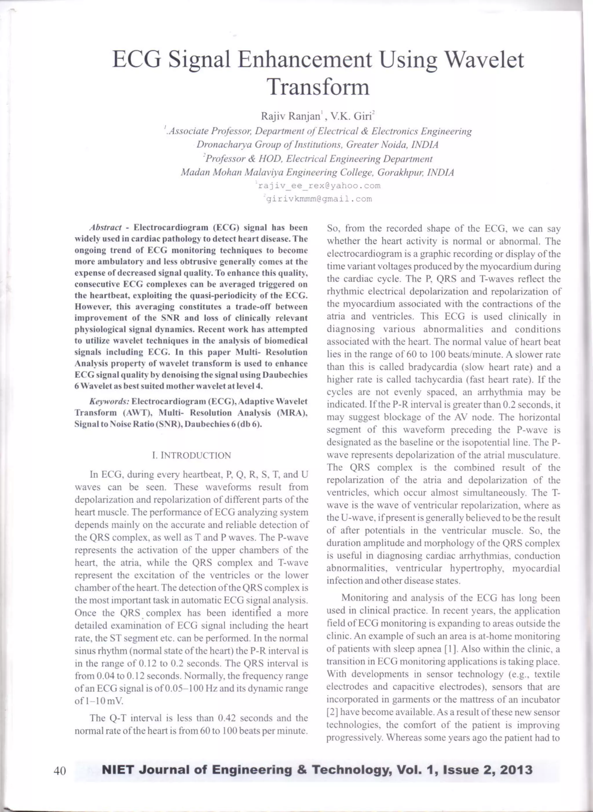 Ecg Signal Enhancement Using Wavelet Transform Pdf 4642