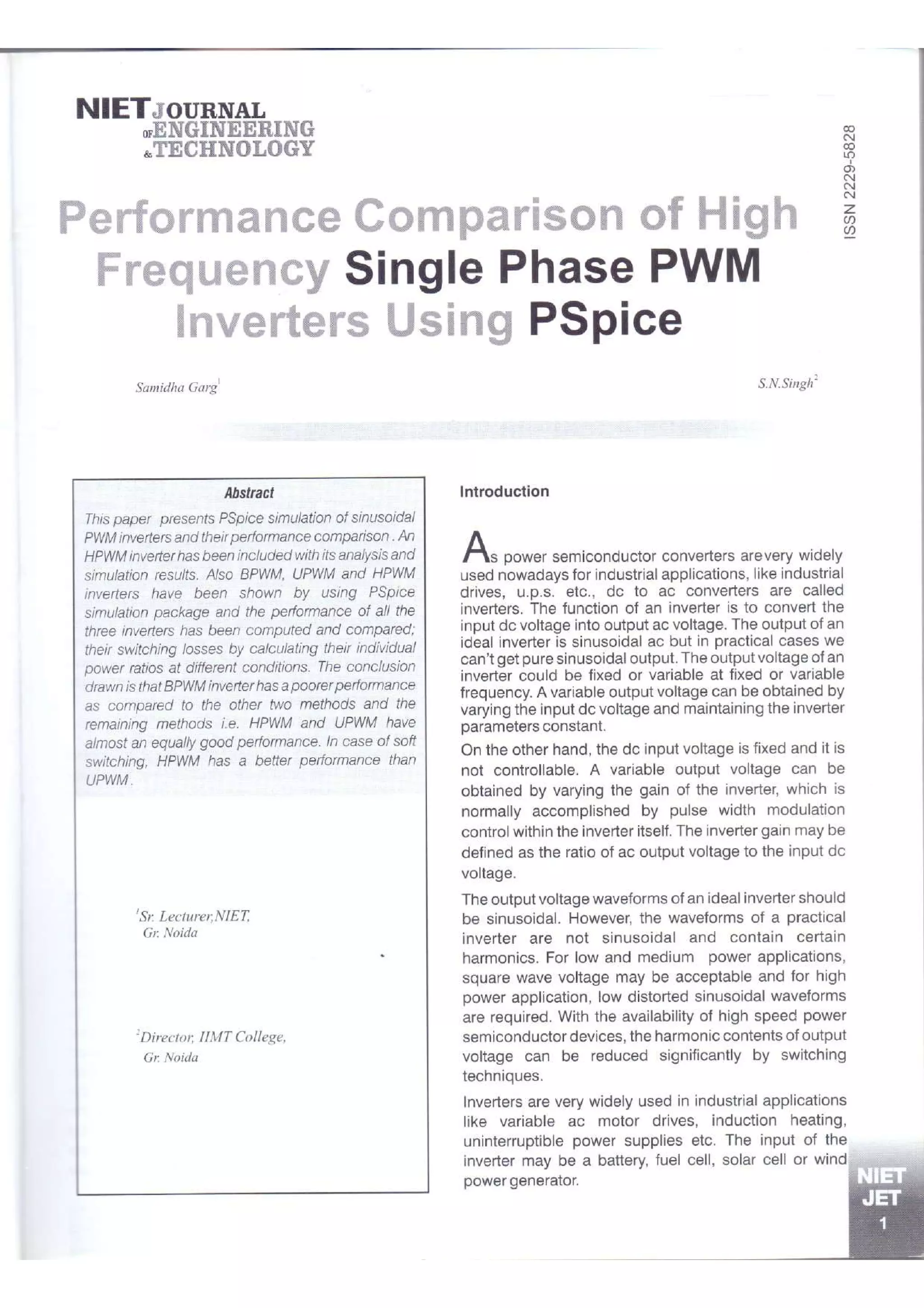 Performance Comparison Of High Frequency Single Phase PWM Inverters Using PSpice | PDF
