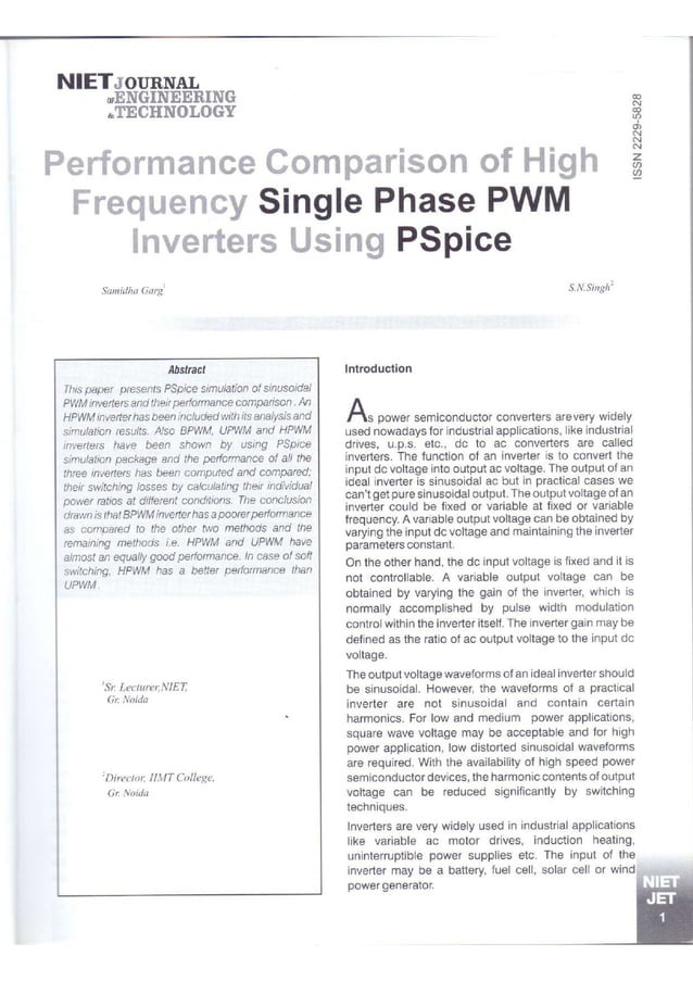 Performance Comparison Of High Frequency Single Phase PWM Inverters Using PSpice | PDF