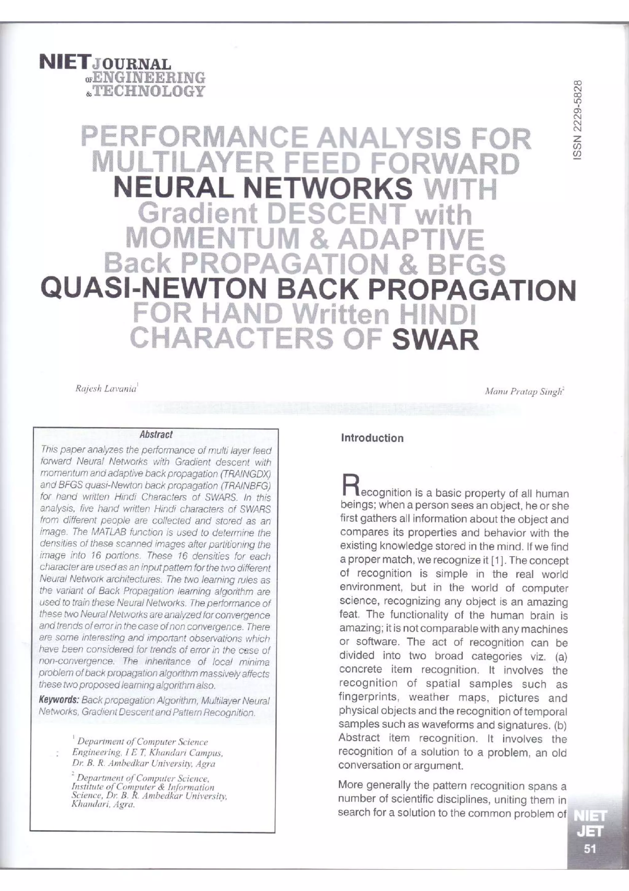 Performance Analysis For Multilayer Feed Forward Neural Network With Grad-Ient Descent With ...