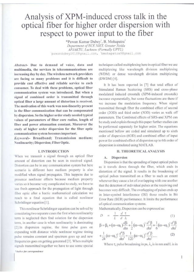 Analysis Of XPM-Induced Cross Talk In The Optical Order Disper-Sion ...