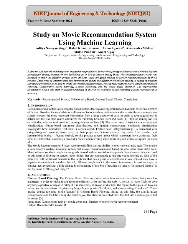 Study On Movie Recommendation System Using Machine Learning | PDF