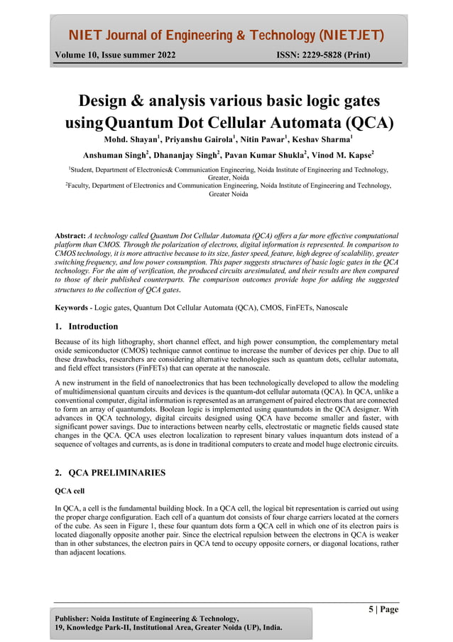 Design & analysis various basic logic gates usingQuantum Dot Cellular ...