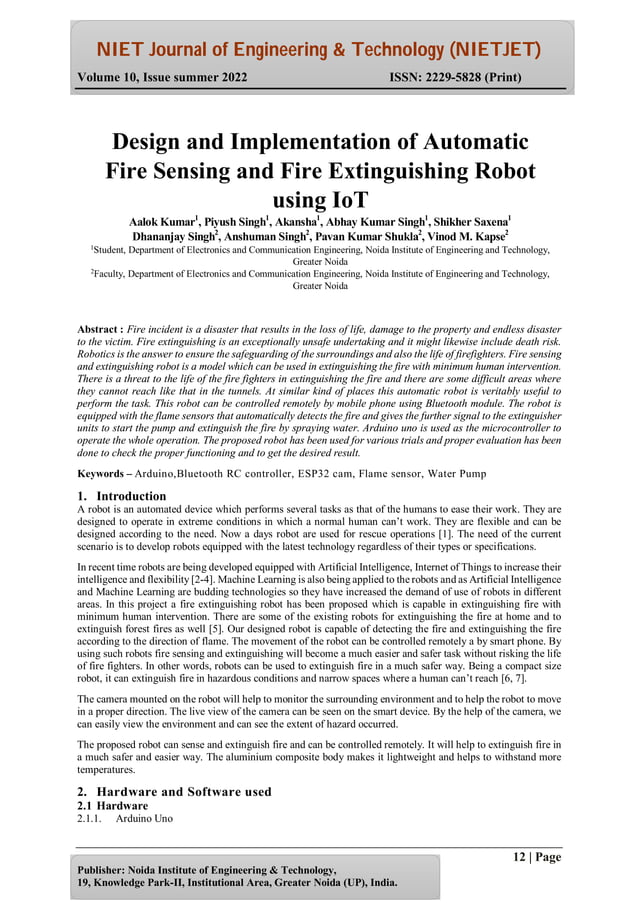 Design And Implementation Of Automatic Fire Sensing And Fire Extinguishing Robot Using Iot Pdf