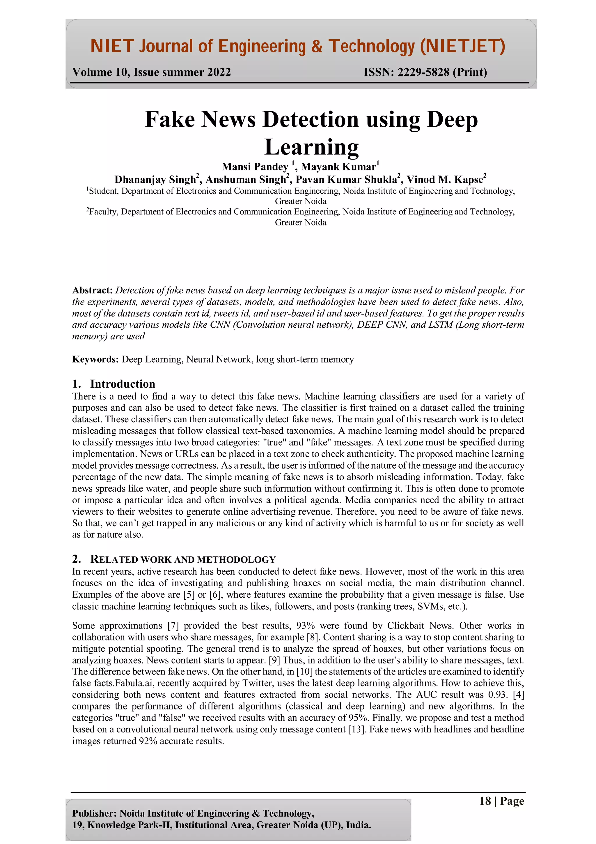 Fake News Detection using Deep Learning | PDF