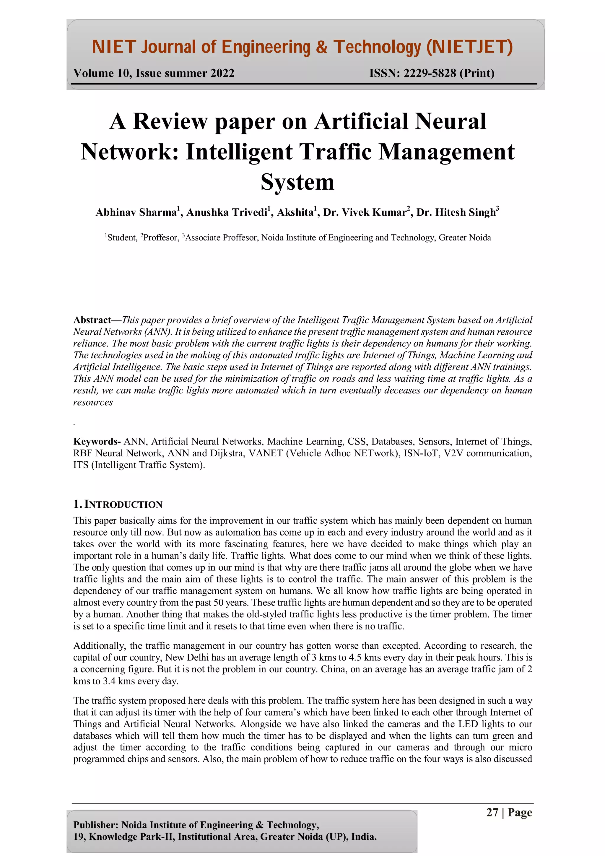 A Review paper on Artificial Neural Network: Intelligent Traffic Management System | PDF
