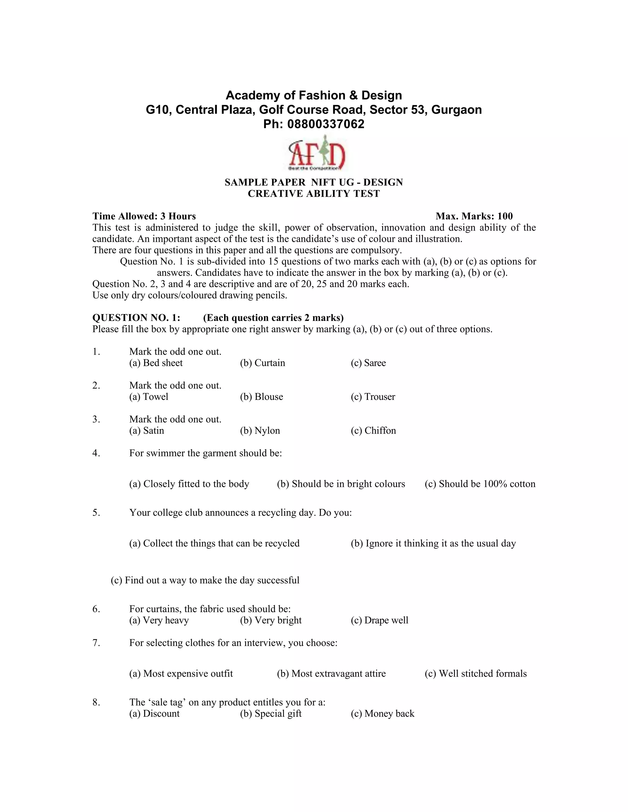 Nift ug design CAT sample paper2 | PDF