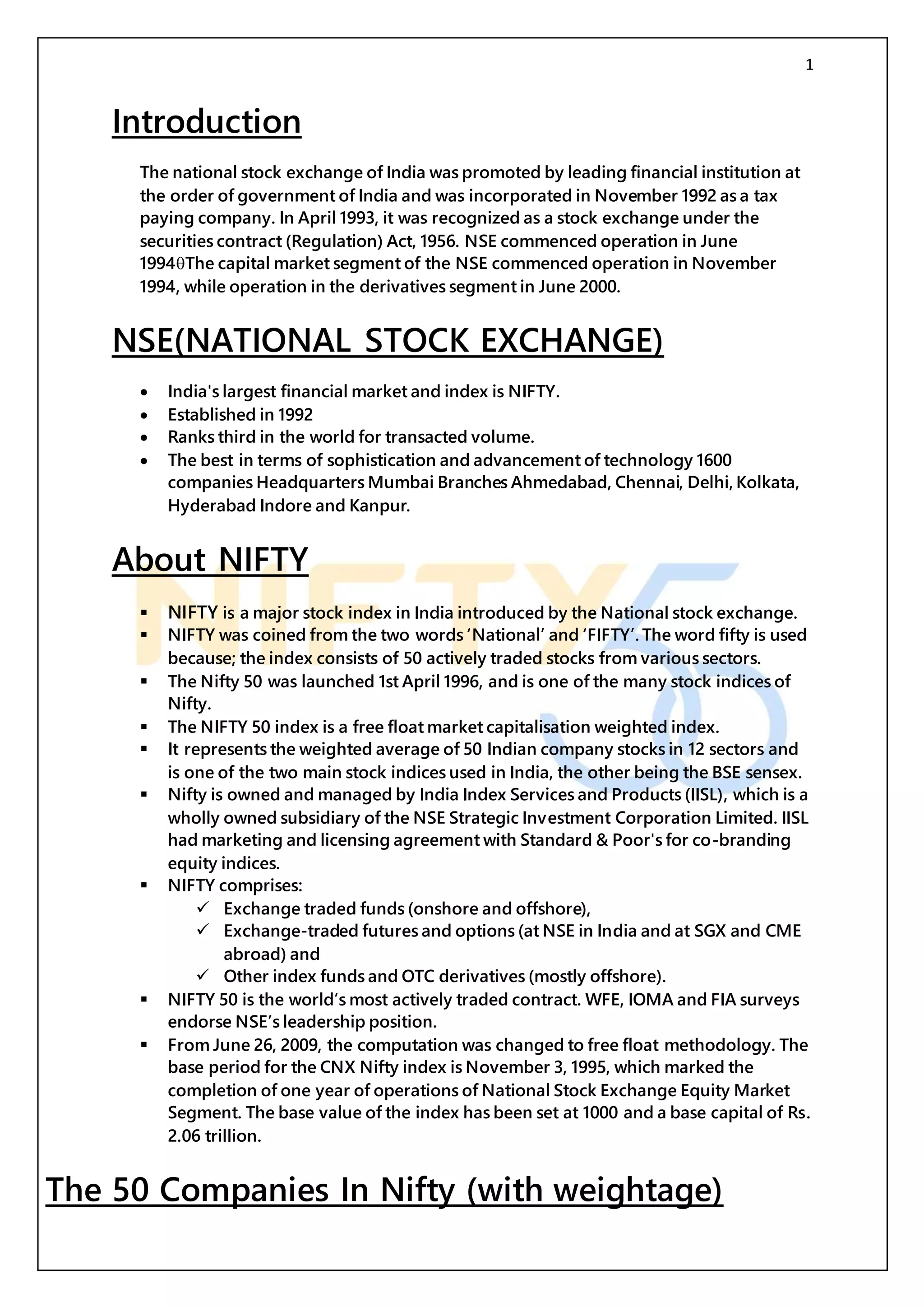 Nifty-50 (Major index of stock market in India) | DOCX