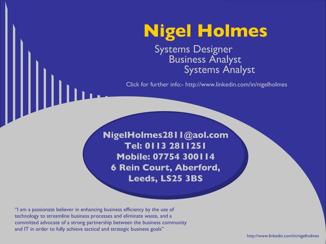 Nigel Holmes CV | PPT | Computer Software and Applications | Computing