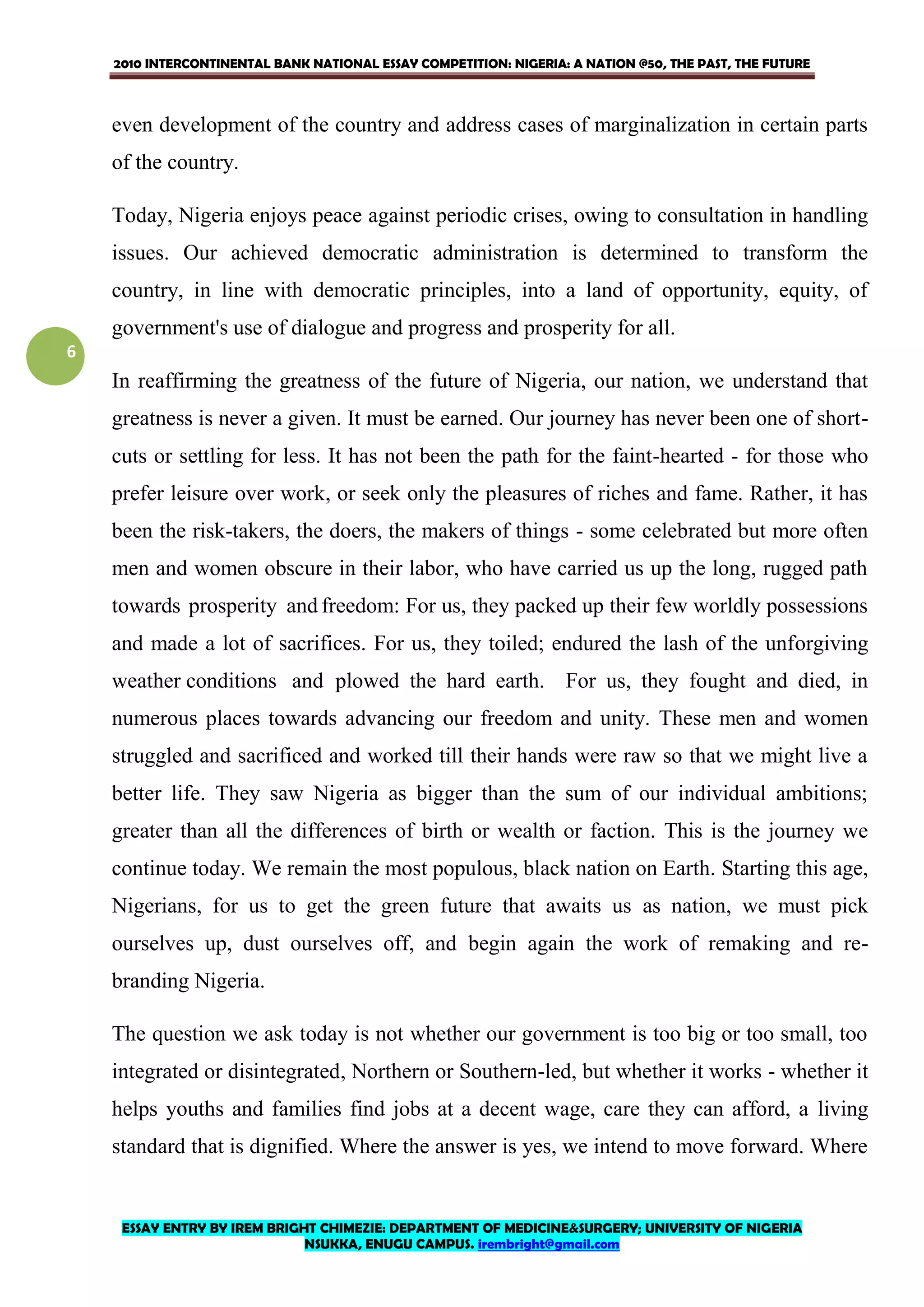 Nigeria at 50 essay by irem bright chimezie | PDF