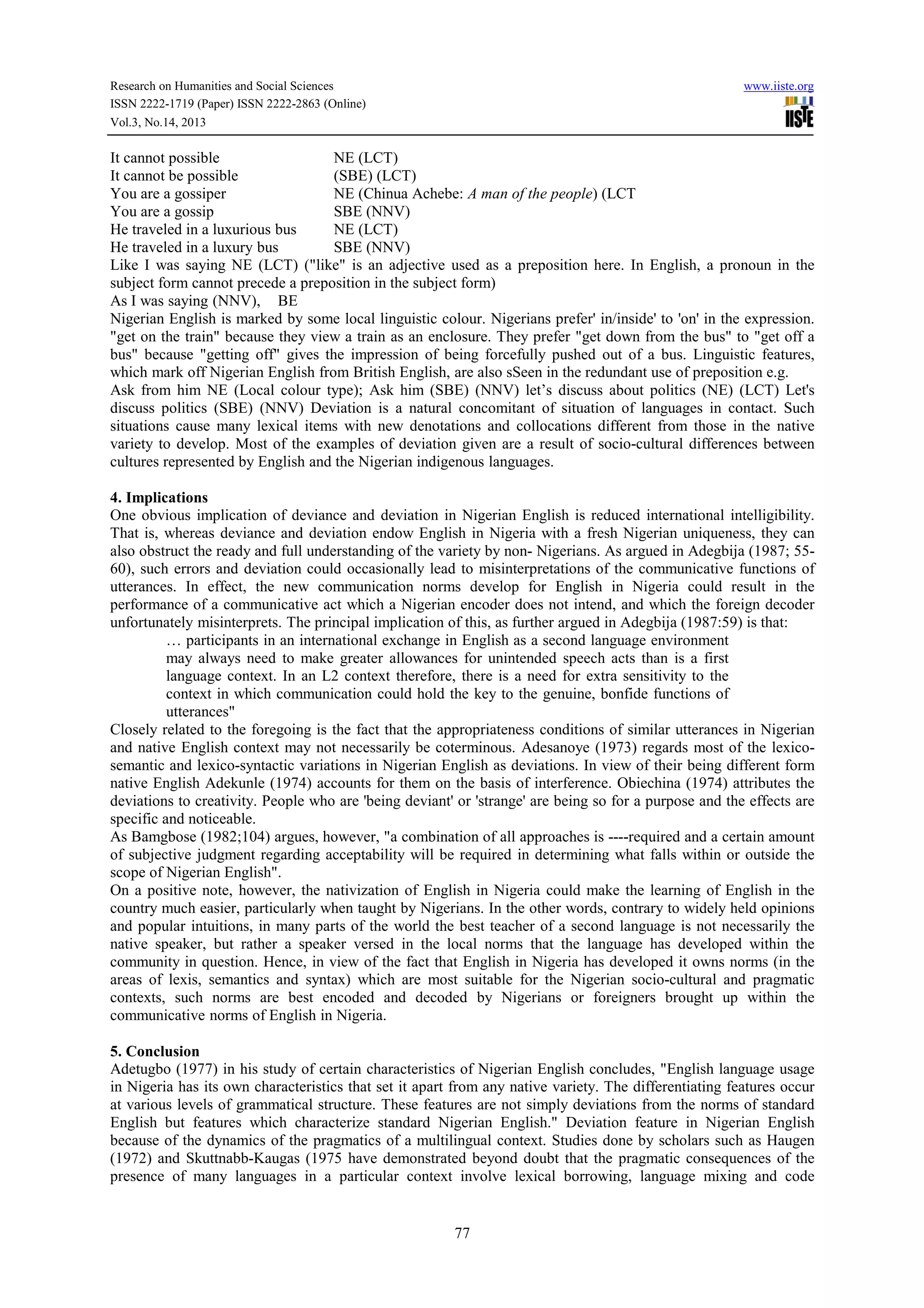 Nigerian english syntax and usage between deviance and deviation | PDF