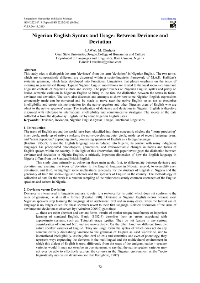 Nigerian english syntax and usage between deviance and deviation | PDF