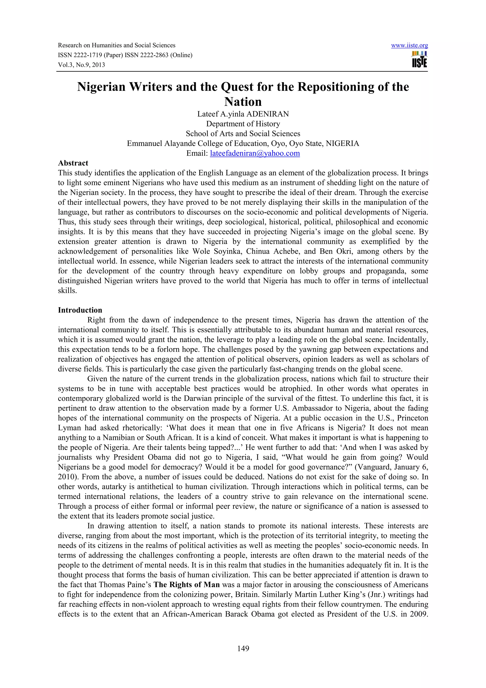 Nigerian writers and the quest for the repositioning of the nation | PDF