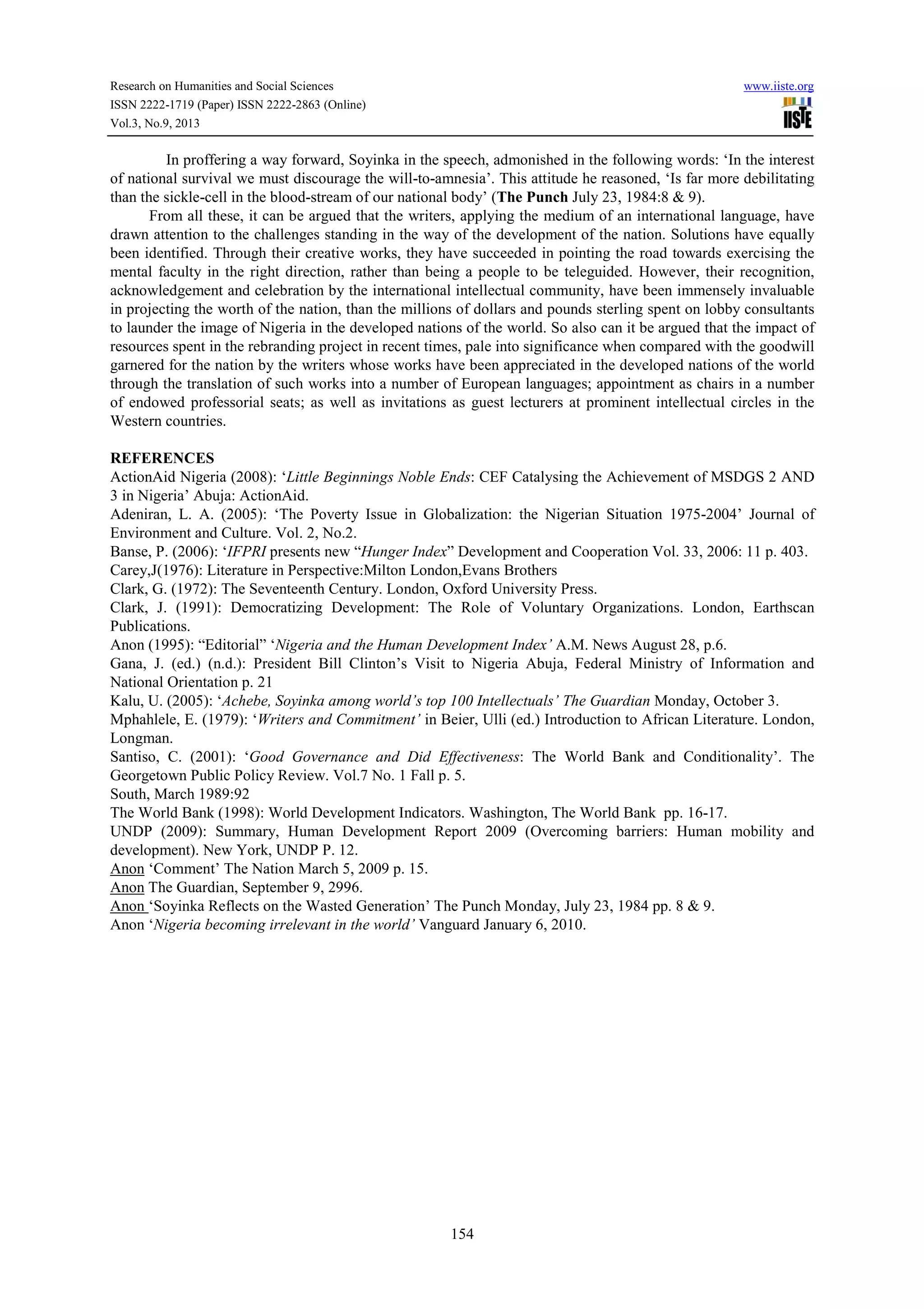 Nigerian writers and the quest for the repositioning of the nation | PDF