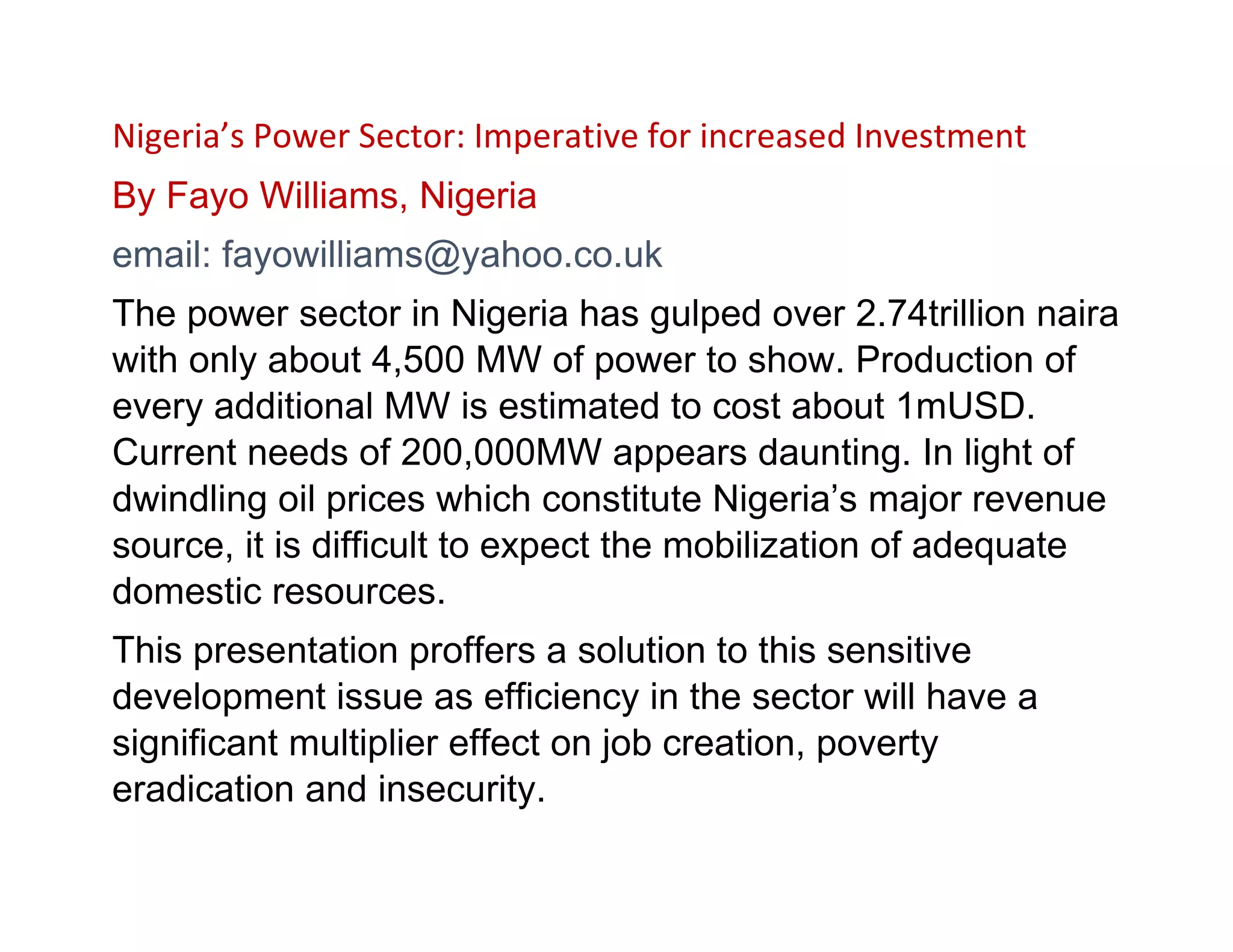 Nigeria's Power Sector 2 by Fayo Williams | PPT
