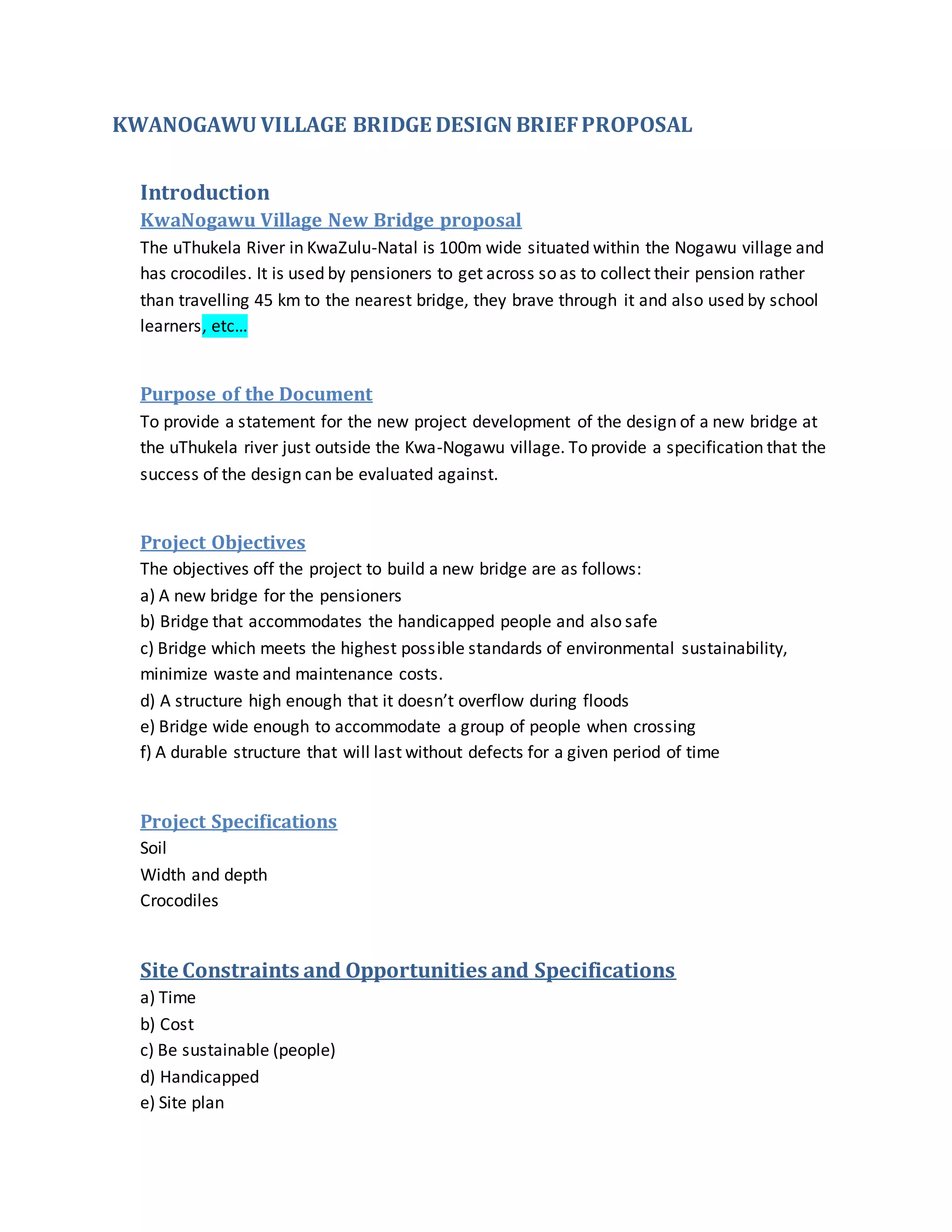 KwaNogawu village Pedestrian Bridge Proposal | DOCX