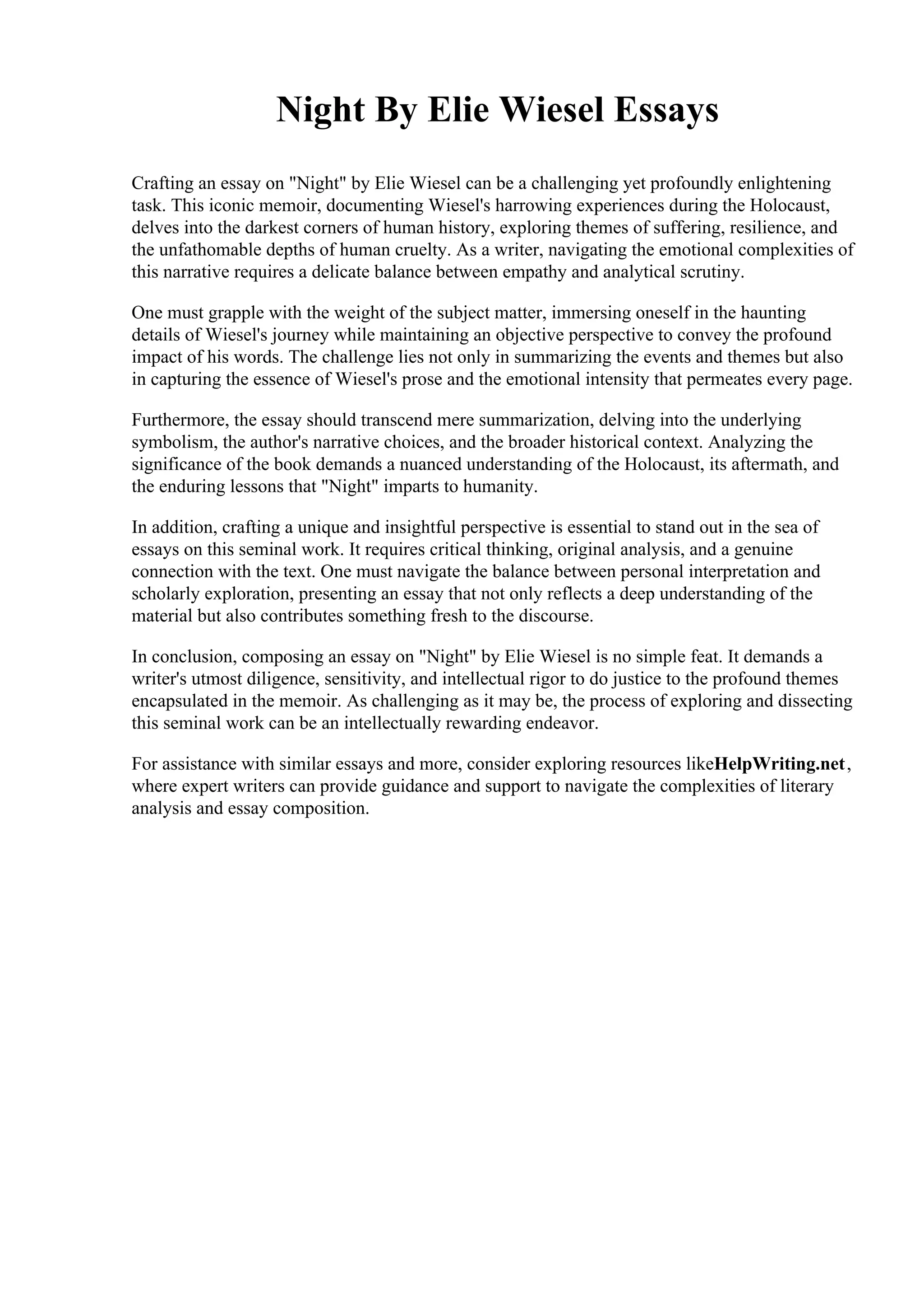 Night By Elie Wiesel Essays. William Howard Taft University | PDF