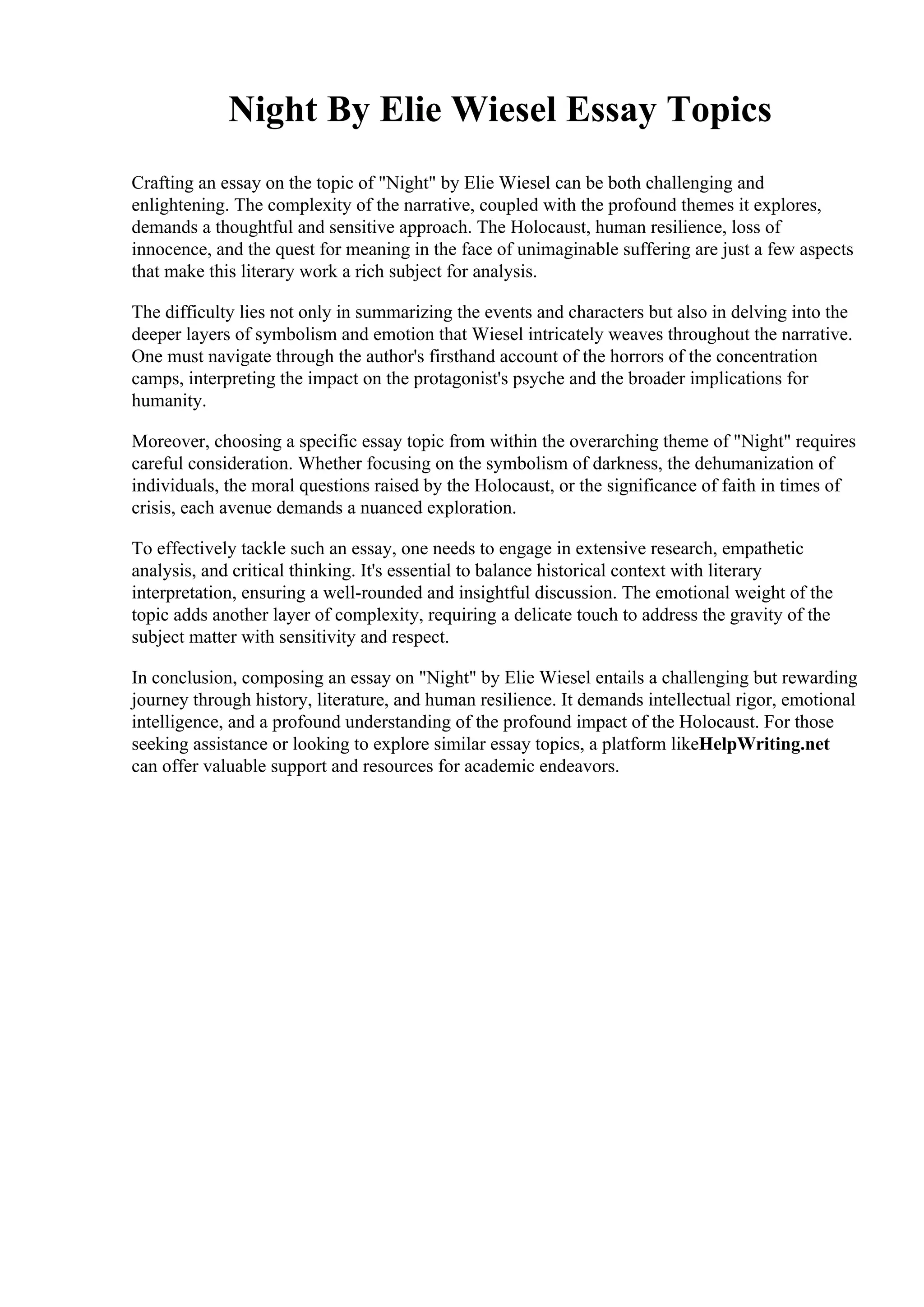 Night By Elie Wiesel Essay Topics | PDF