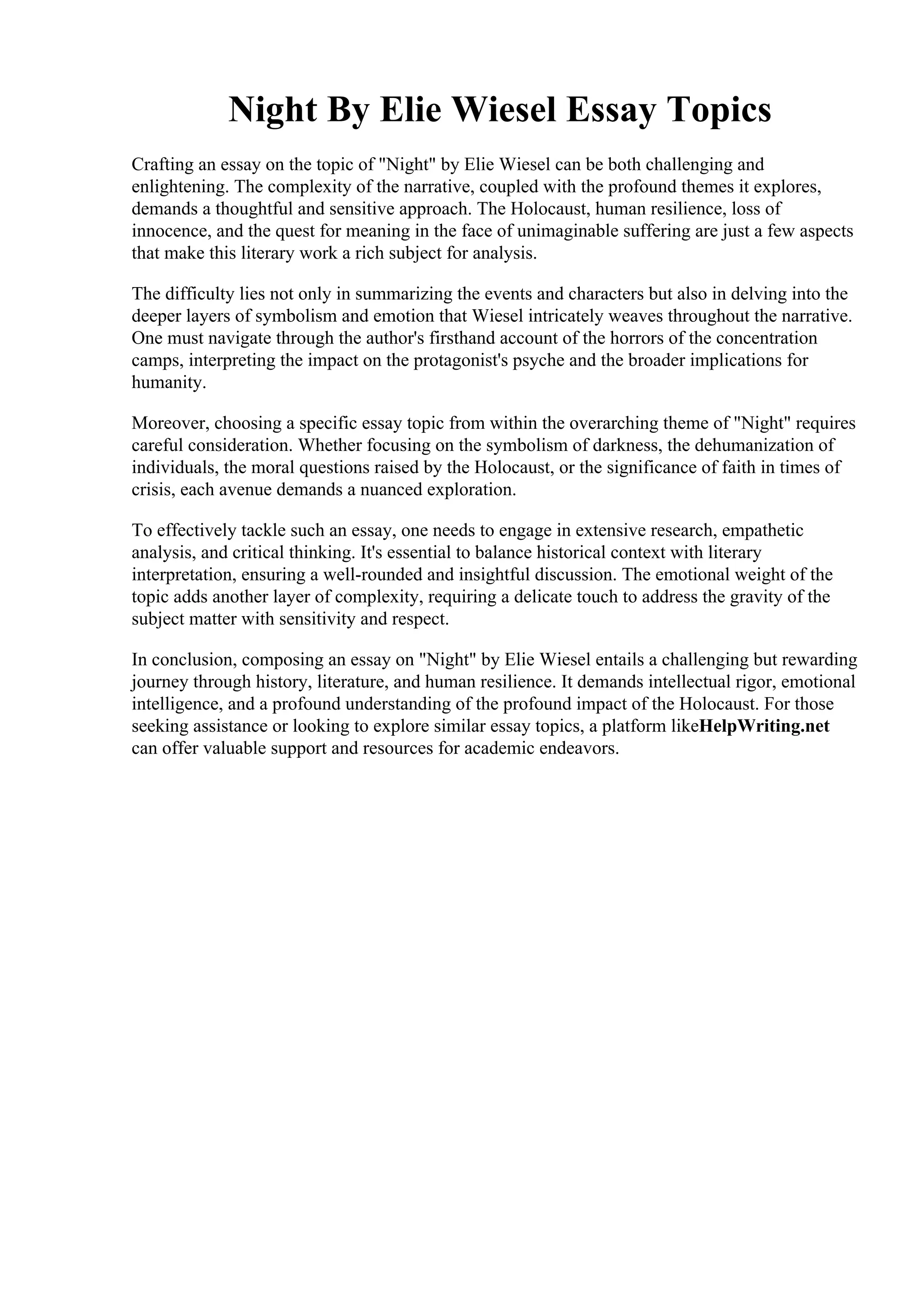 Night By Elie Wiesel Essay Topics | PDF