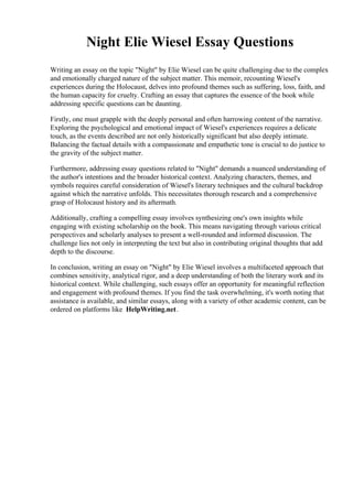 Night Elie Wiesel Essay Questions. University of North Carolina ...