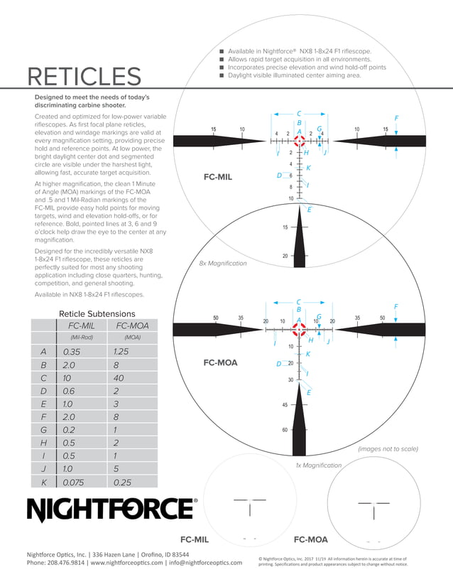 Specification Sheet | Nightforce FC-MIL/FC-MOA | Optics Trade | PDF