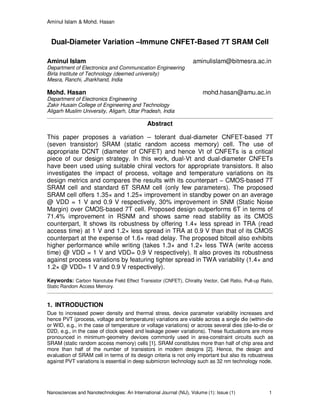 Dual-Diameter Variation –Immune CNFET-based 7T SRAM Cell | PDF