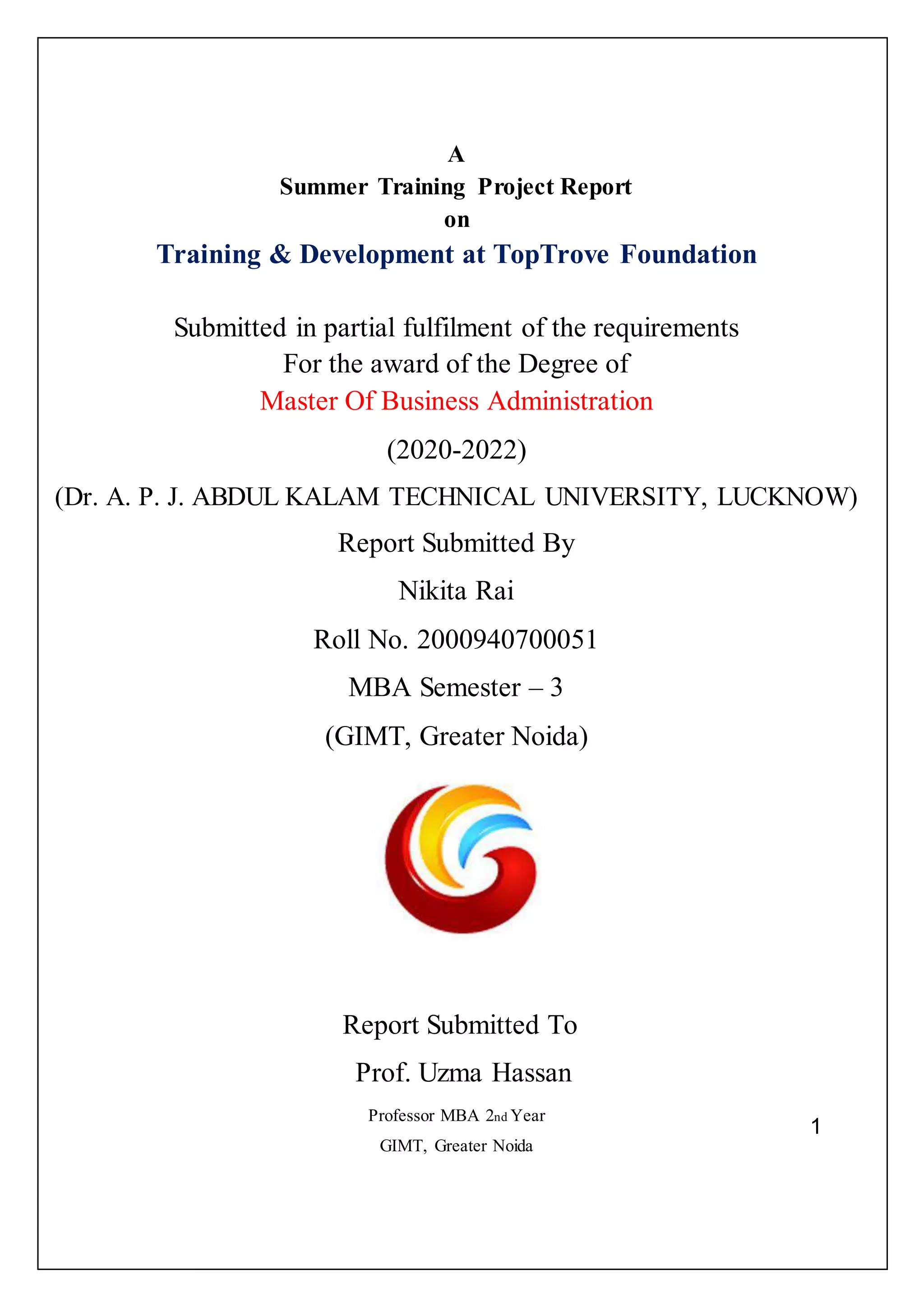 Nikita rai mba 3rd sem summer training project | DOCX