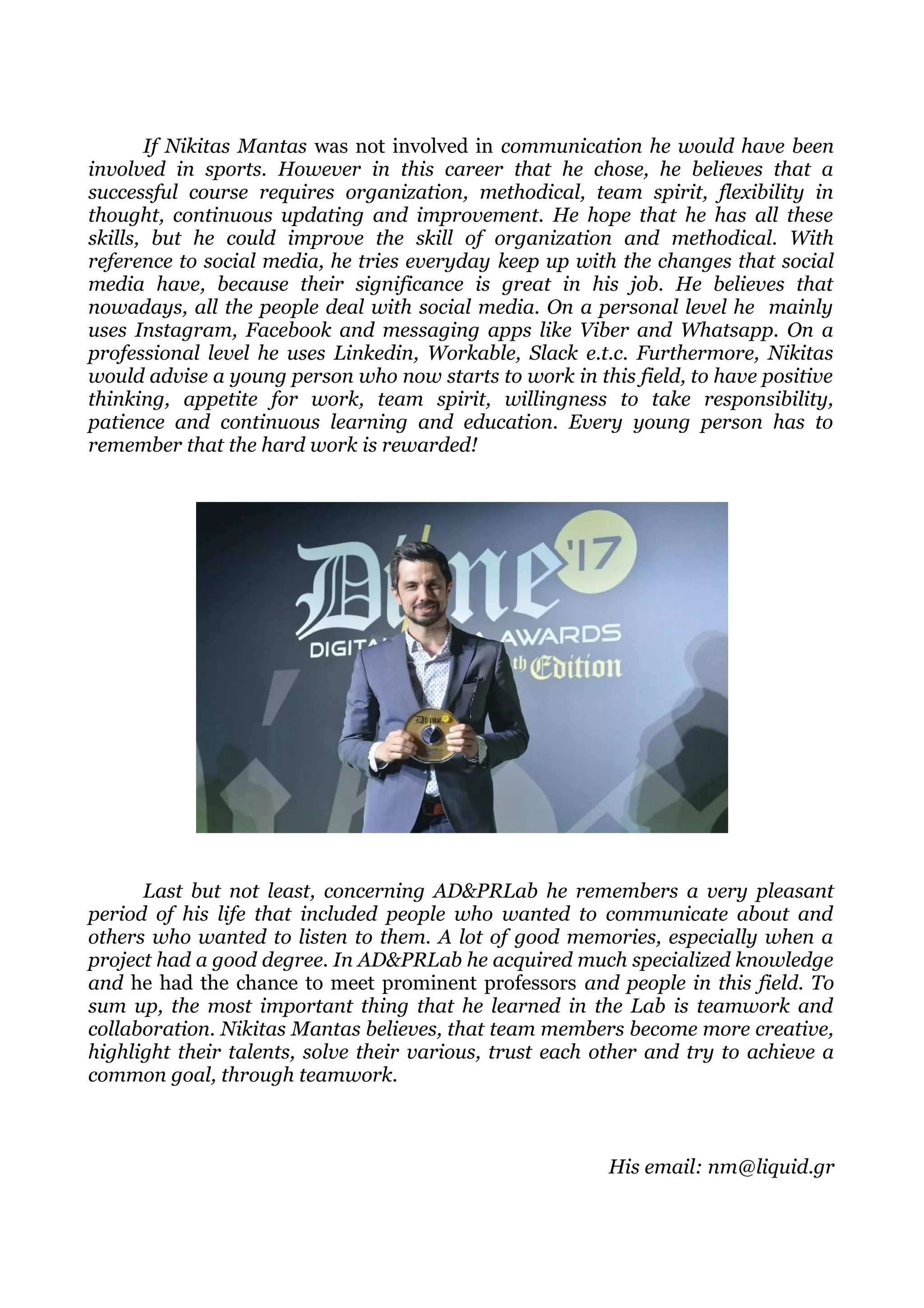 Nikitas Mantas a sucessful alumni- writed by Natalia Karkatseli | PDF