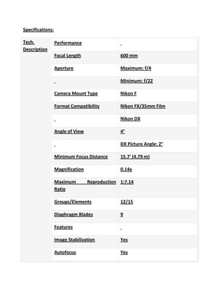 Nikon af s nikkor 600mm f4 g ed vr af lens | PDF