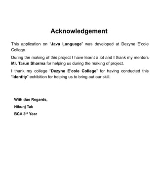 Nikunj Tak ,3rd Year BCA,Project on Java Programming | PDF | Programming Languages | Computing