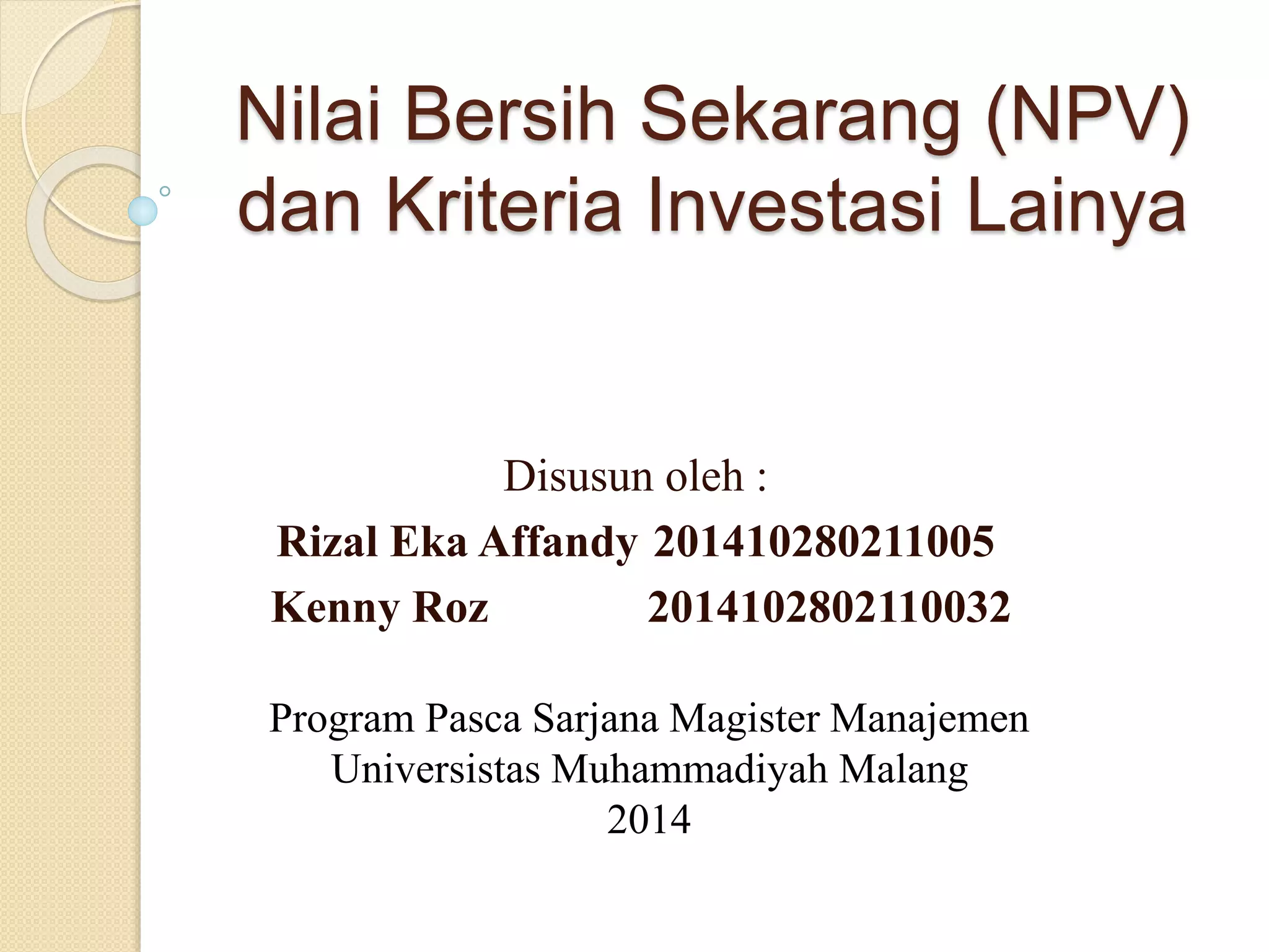 Nilai Bersih Sekarang NPV | PPTX