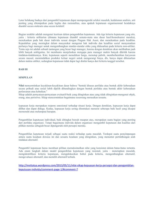 Nilai, sikap, kepuasan kerja, persepsi dan pengambilan keputusan individu | DOCX