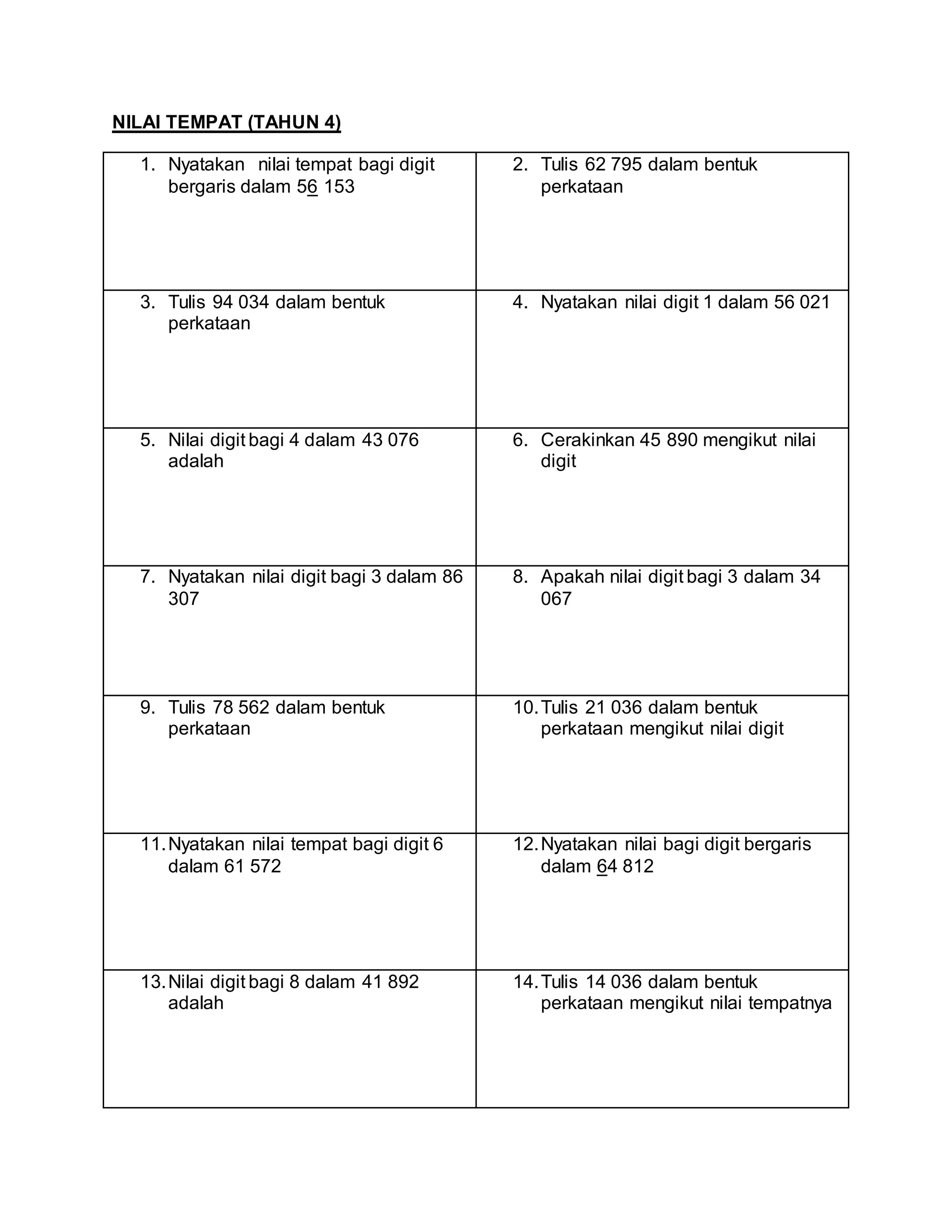 Nilai tempat math tahun 4 dan tahun 5 | DOCX