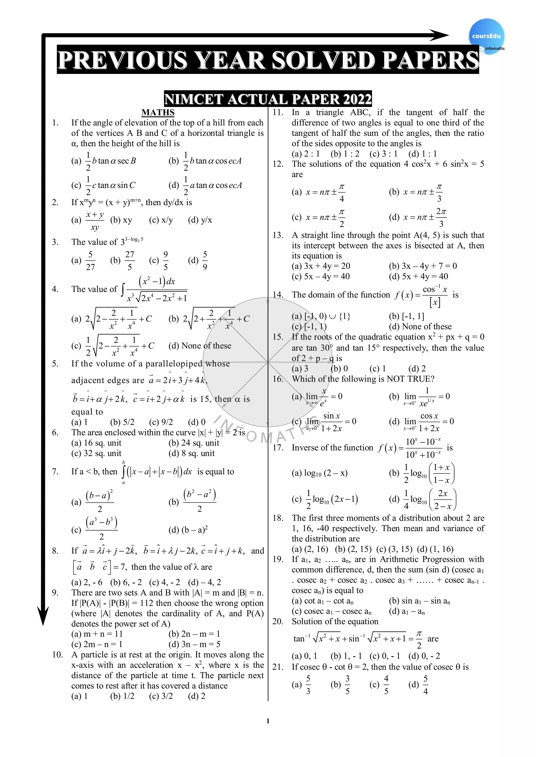 NIMCET Previous Year Solved Paper 2022 | PDF