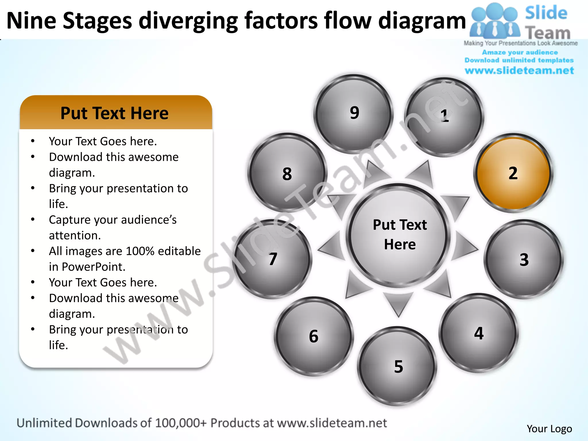 Nine stages diverging factors flow diagram processs and power point ...