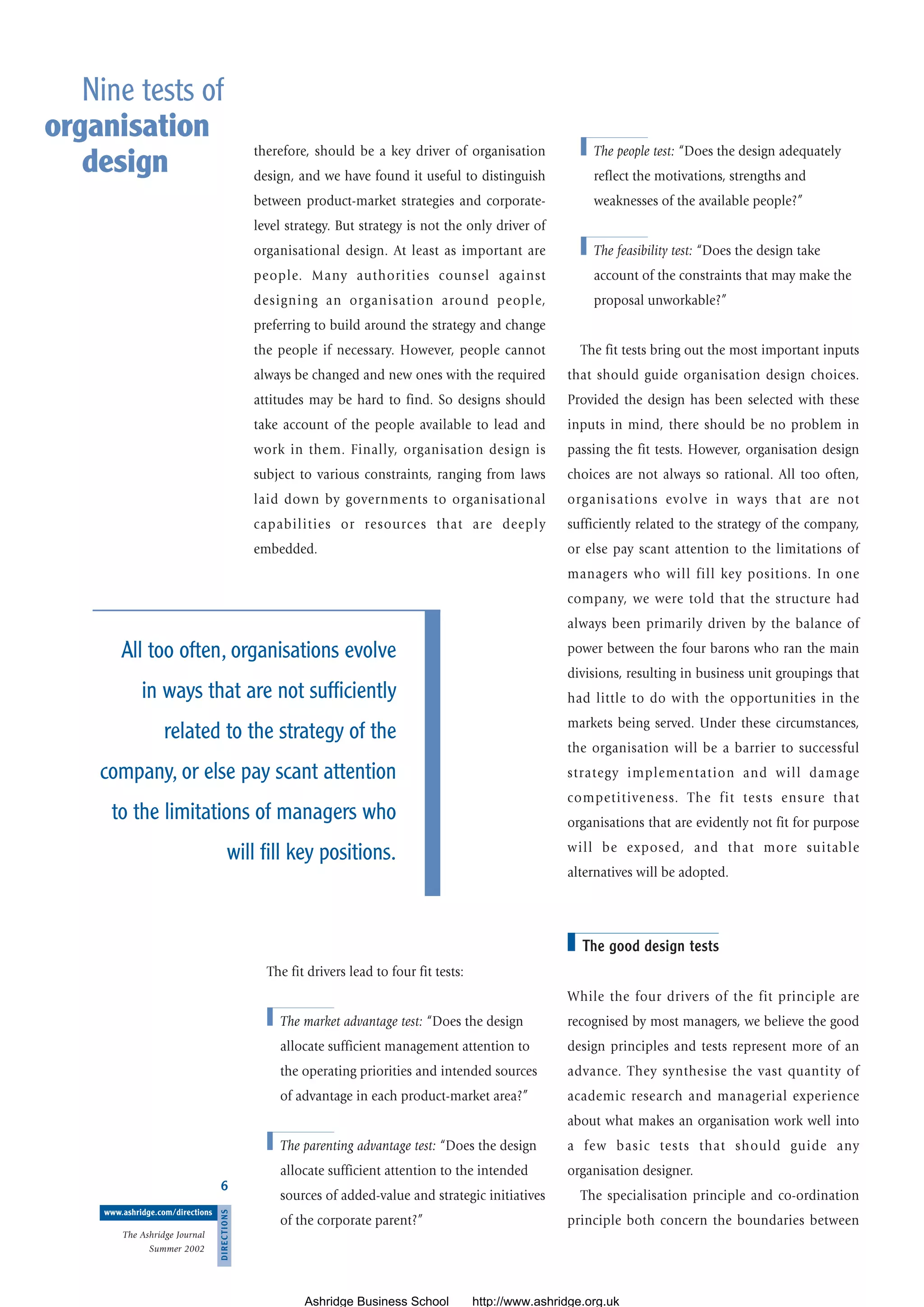 Nine tests of organisation design | PDF