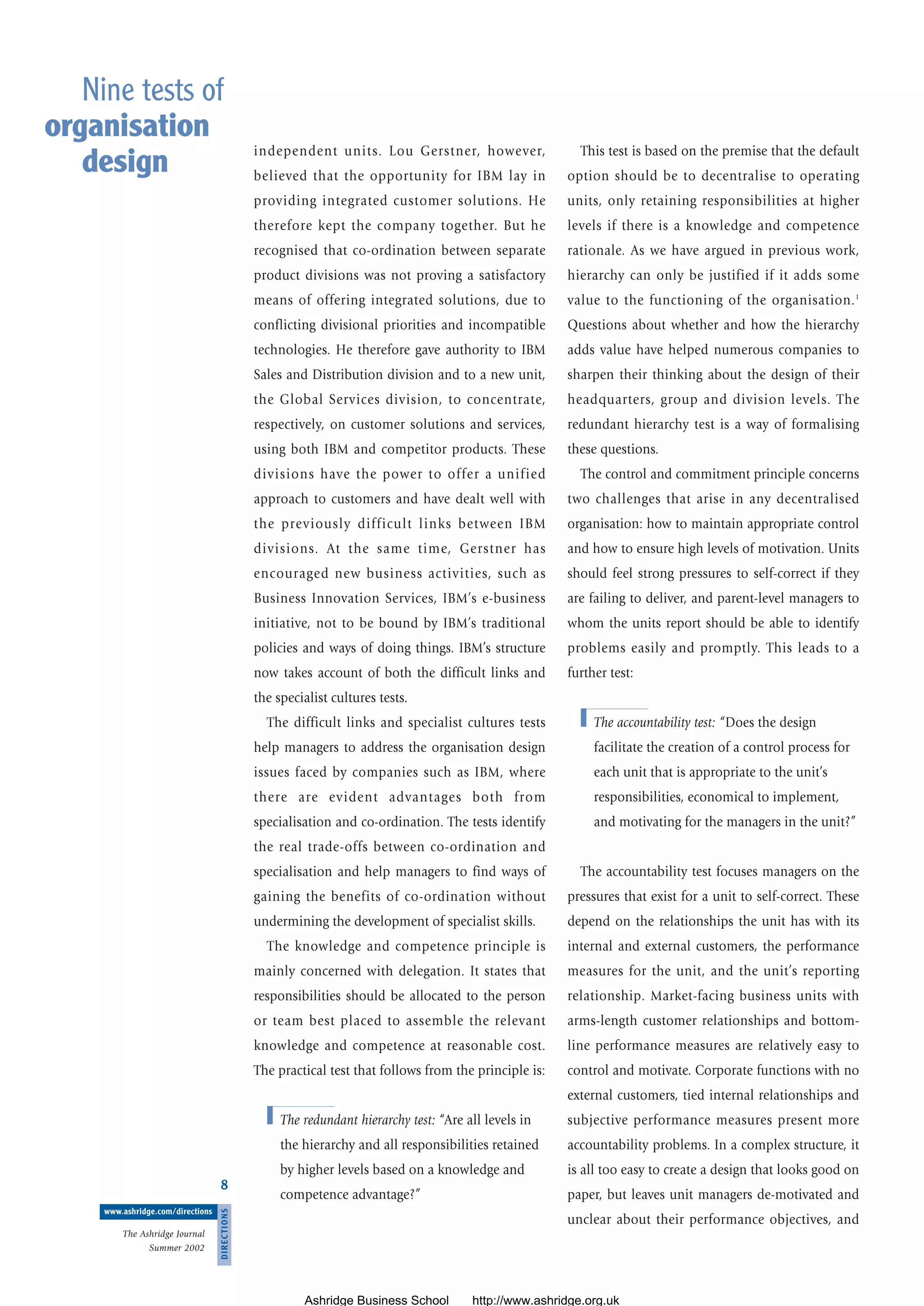 Nine tests of organisation design | PDF