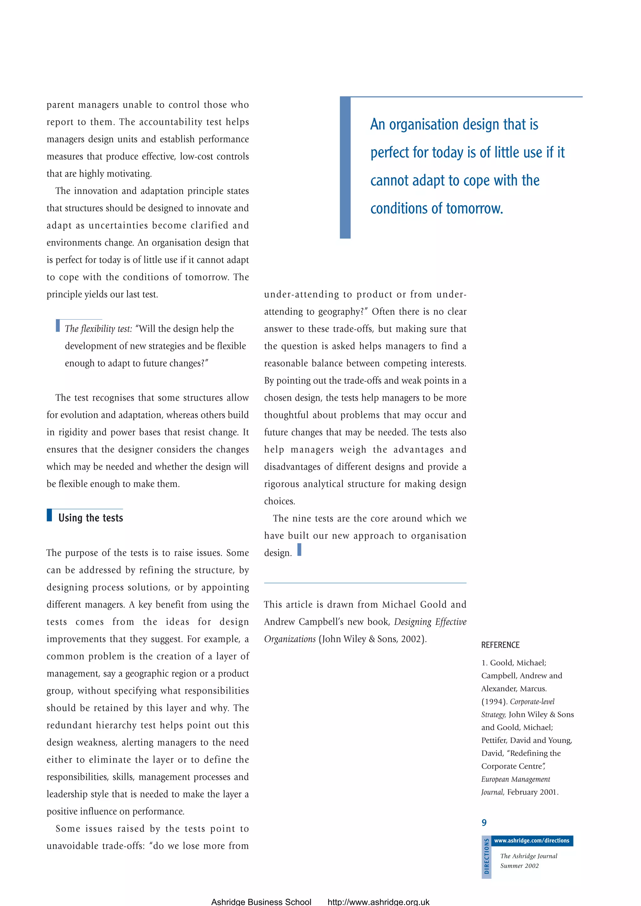 Nine tests of organisation design | PDF