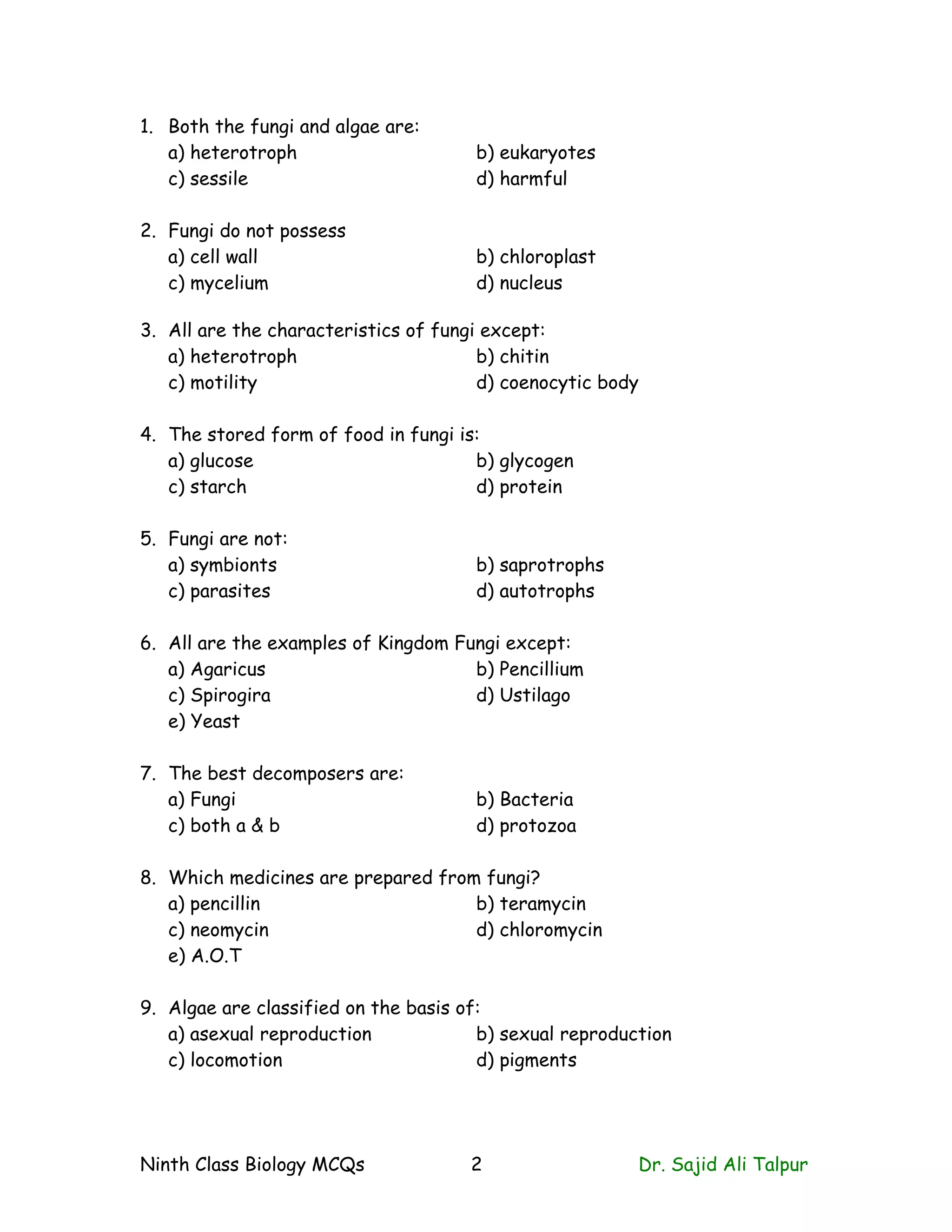 Ninth class biology mcqs ( fungi and algae) | DOC