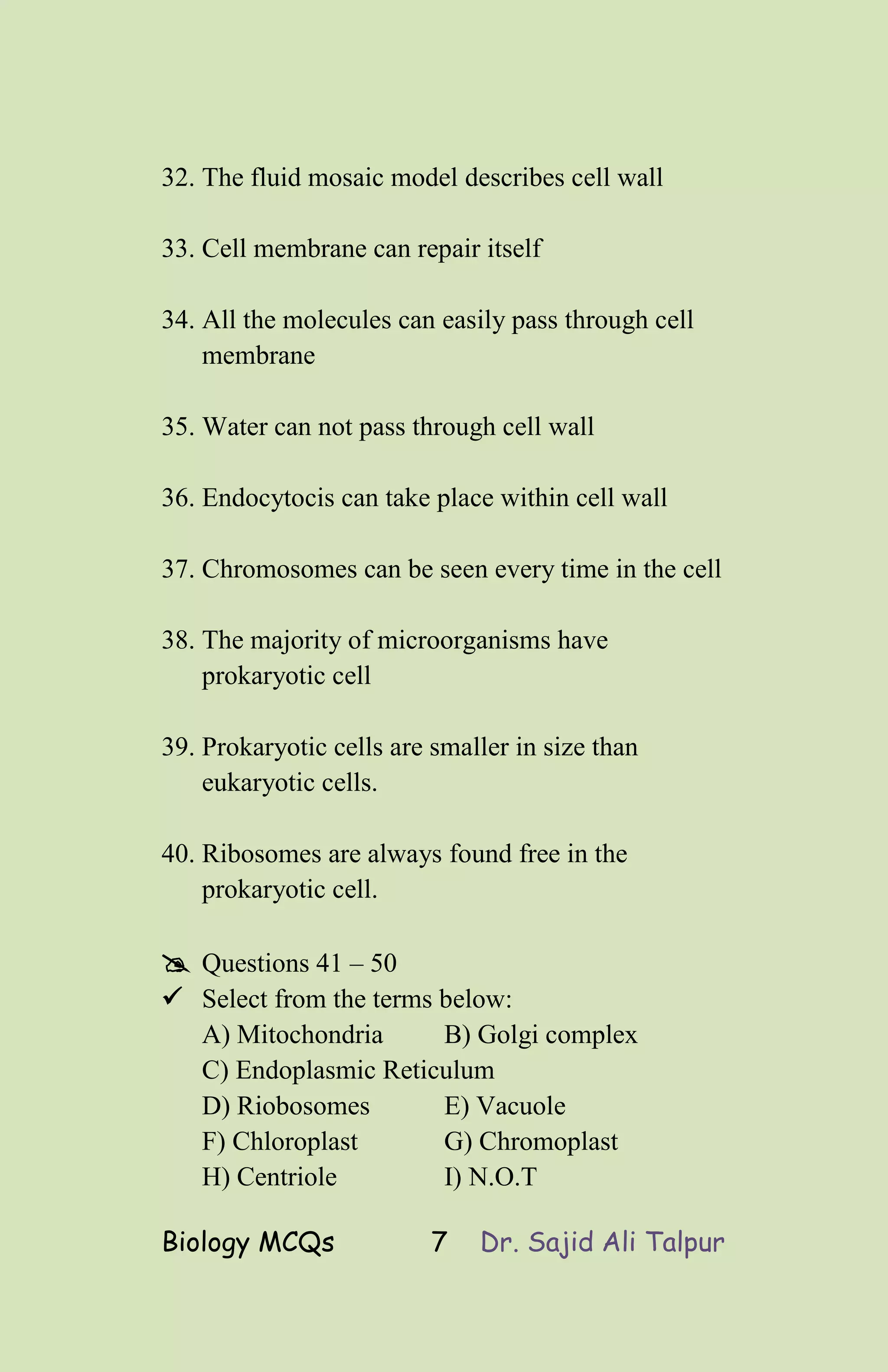 Ninth class biology mcqs (the cell) | DOCX